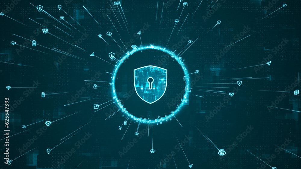 Blue digital security shield logo and ring rotation around logo with ai ...