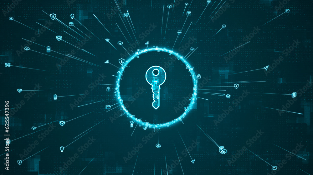 Blue digital security key logo and ring rotation around logo with ai ...