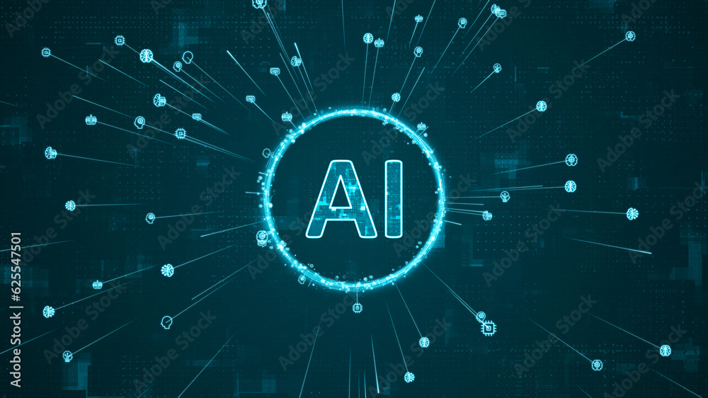 Blue digital AI logo and AI icons ring rotation around logo with ai ...