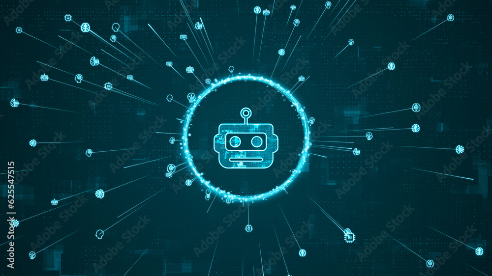 Blue digital robot head logo and AI icons ring rotation around logo ...