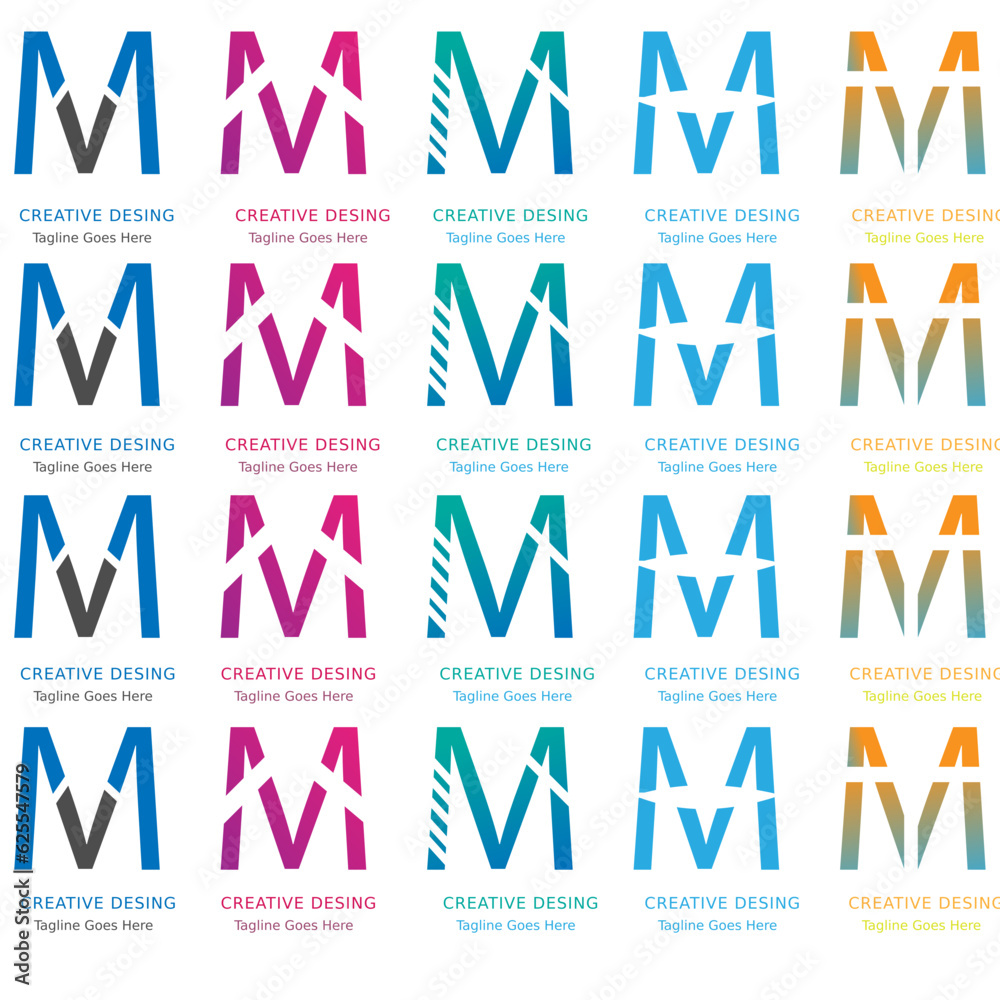 Letter M logo in a moden style with cut out slash and lines. Vector.M ...