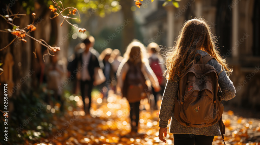 Generative ai illustration of a rear view on childs walking on path to ...