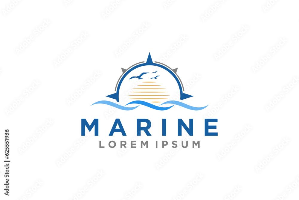 Marine nautical compass logo design wind rose sunset bird element icon ...