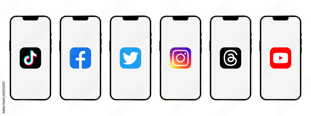Vetor de Social media logo on phone mockup: Tik Tok, facebook, twitter, threads, instagram ...