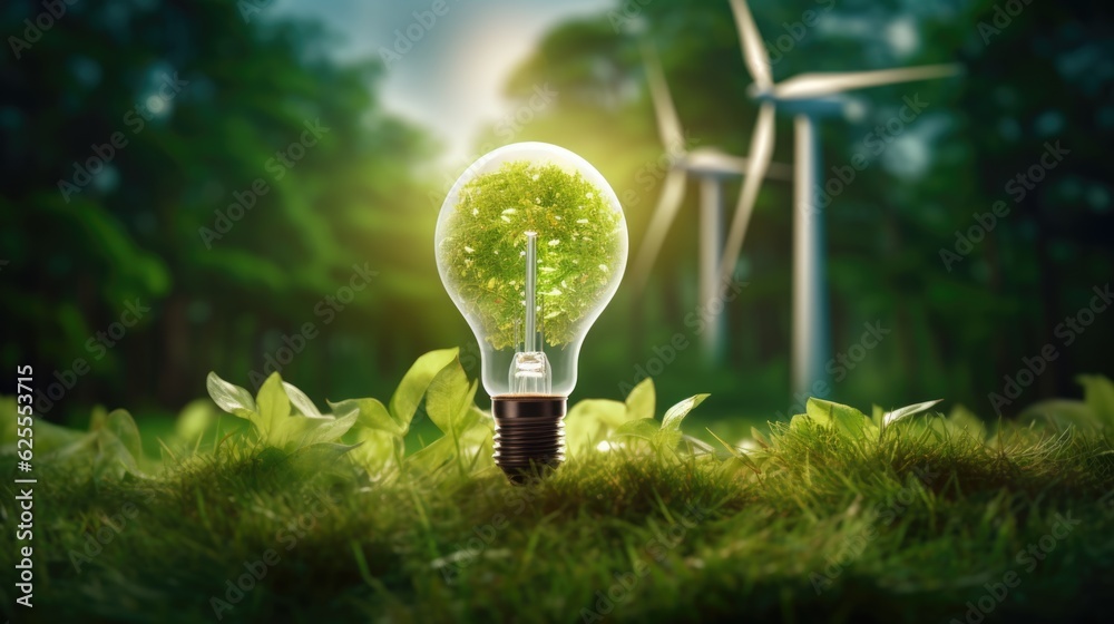 Light bulb filled with green leaves and plants. Concept of renewable ...