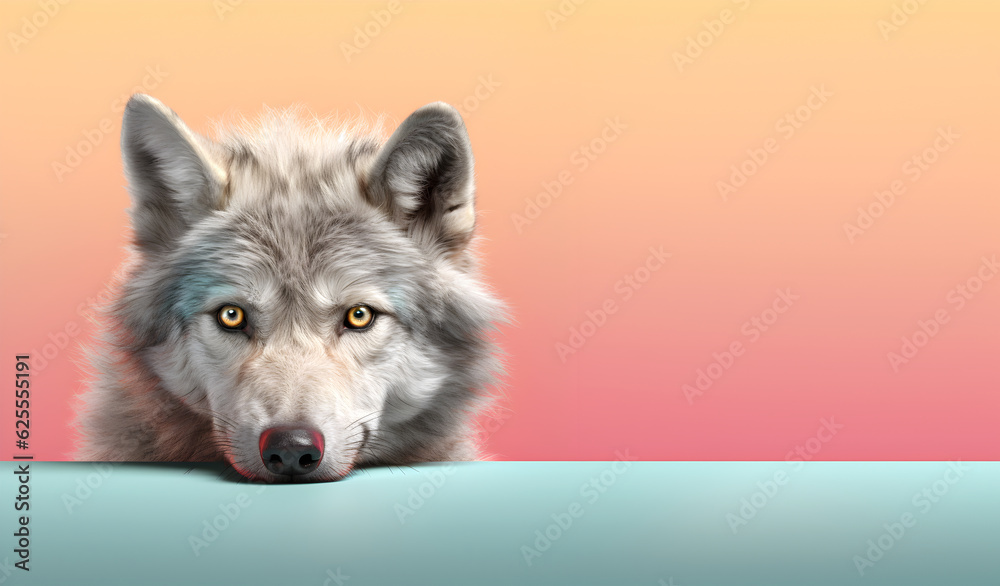 Creative animal concept. Wolf peeking over pastel bright background ...