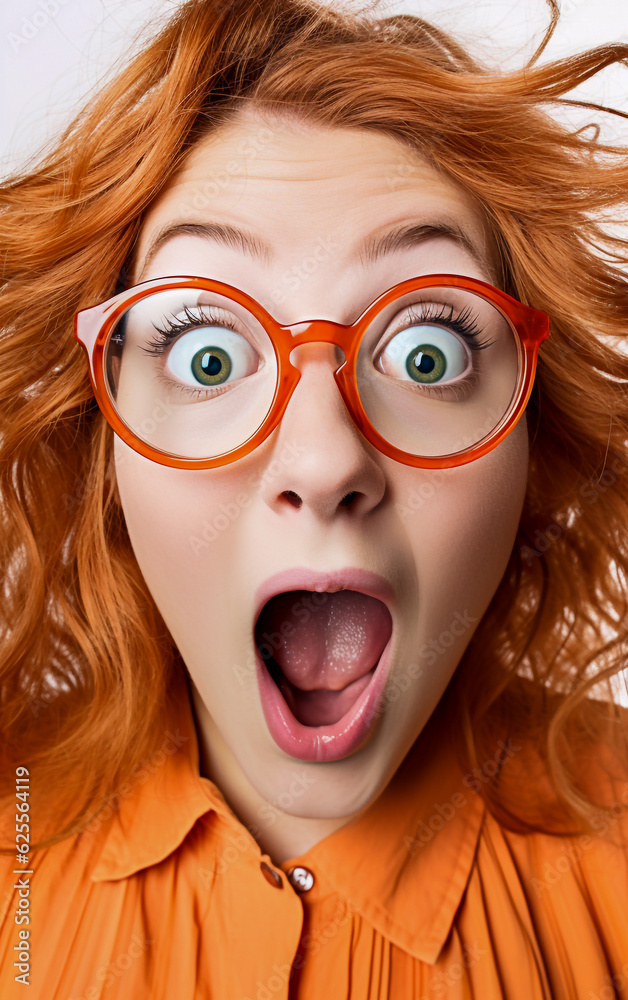 A funny young woman has an astonished and incredulous look, eyes and mouth wide open, he wears ...