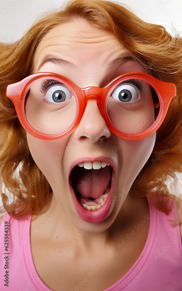 A funny young woman has an astonished and incredulous look, eyes and mouth wide open, he wears ...