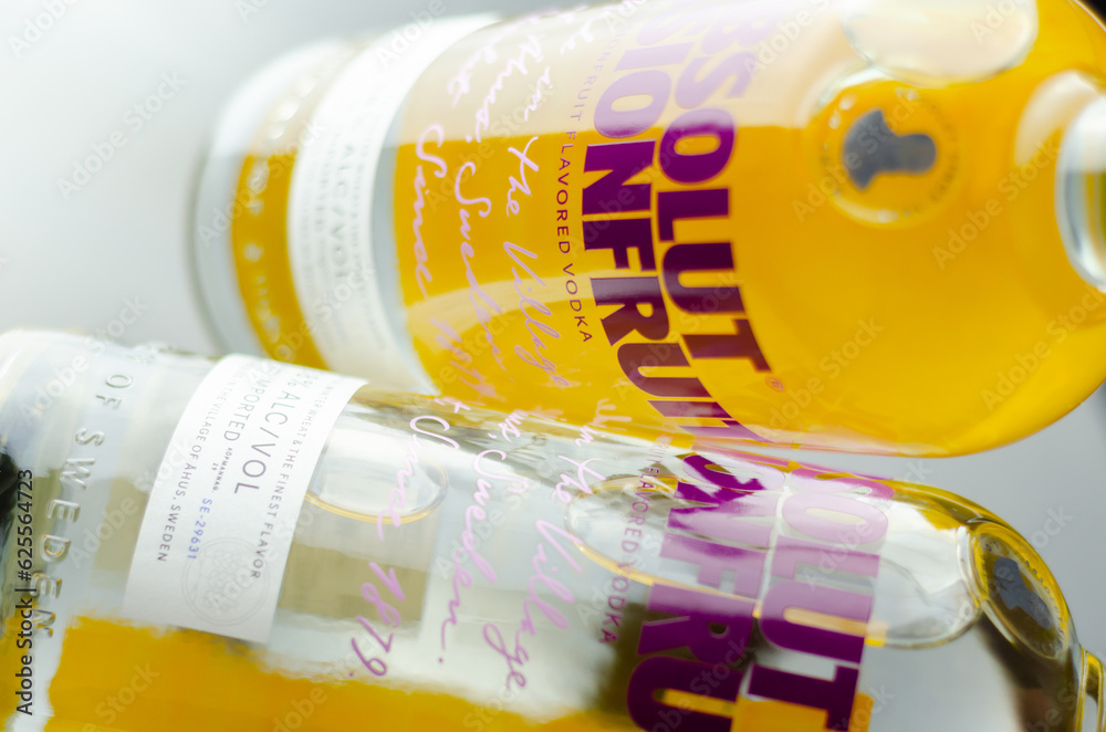 LONDON, UK - 11 JULY 2023 Absolut Passionfruit is a flavoured Swedish ...