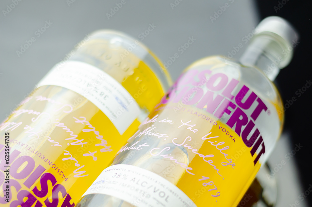 LONDON, UK - 11 JULY 2023 Absolut Passionfruit is a flavoured Swedish ...