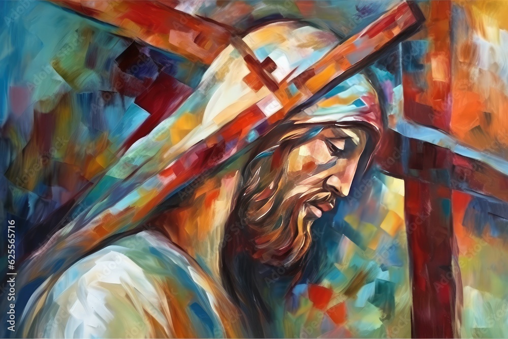 Jesus Christ carrying cross abstract original art portrait, AI Stock ...