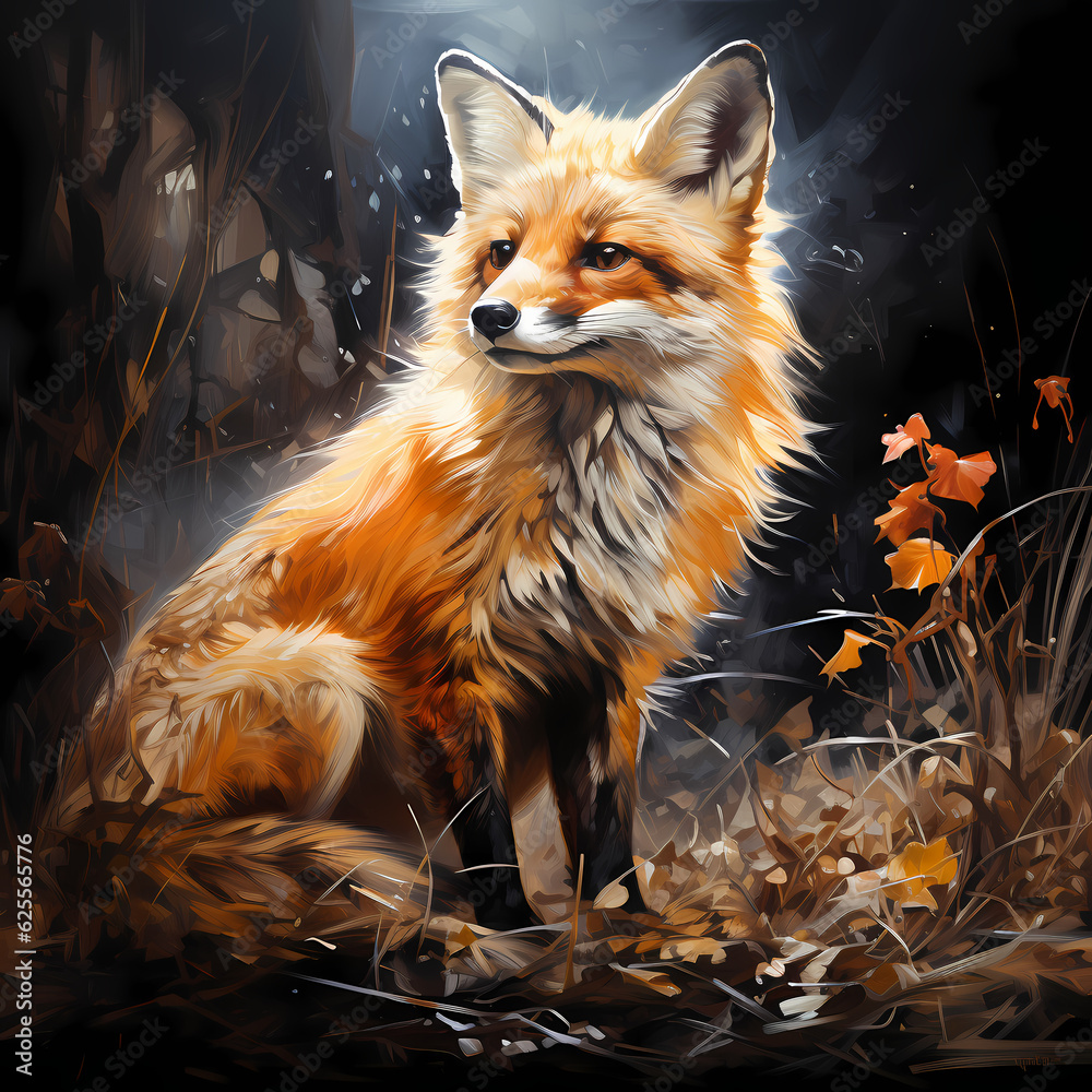Curious wild red fox sitting in a forest, Red fox abstract painting, AI ...