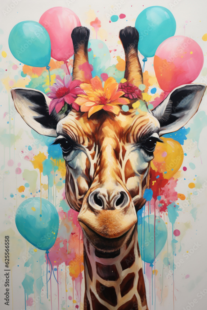Goofy giraffe against a watercolor backdrop of colorful balloons and ...