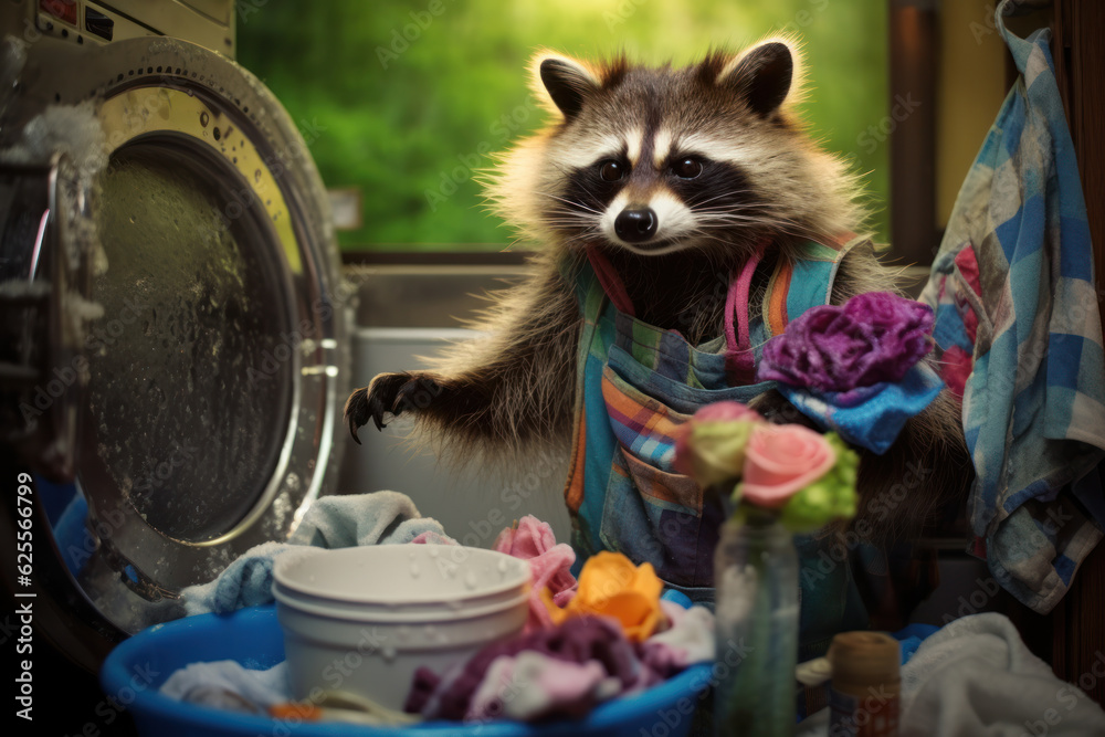 Funny colorful image of a raccoon in an apron washing things in the ...