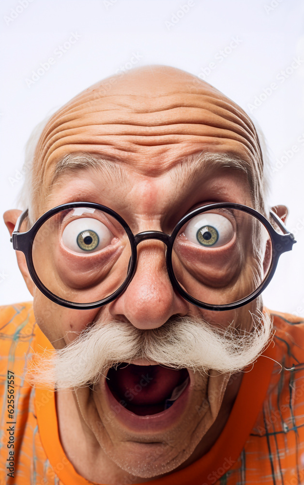 A funny old bald man has an astonished and incredulous look, eyes and mouth wide open, he wears ...