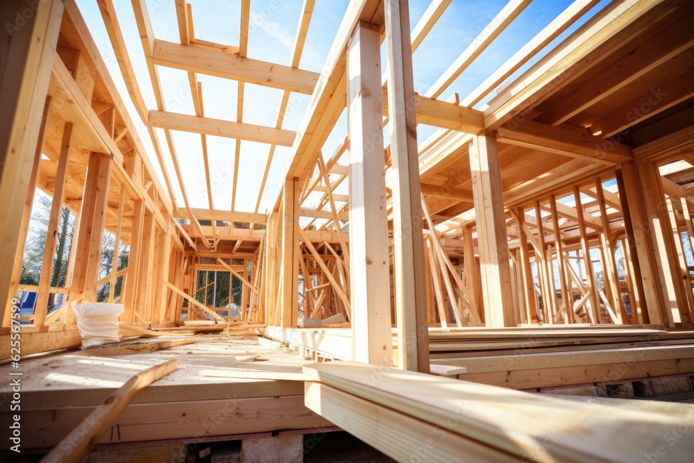 installation of wooden beams in a plywood house construction, the ...