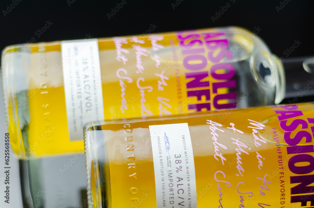 LONDON, UK - 11 JULY 2023 Absolut Passionfruit is a flavoured Swedish ...