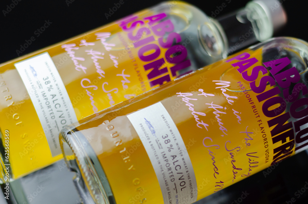 LONDON, UK - 11 JULY 2023 Absolut Passionfruit is a flavoured Swedish ...