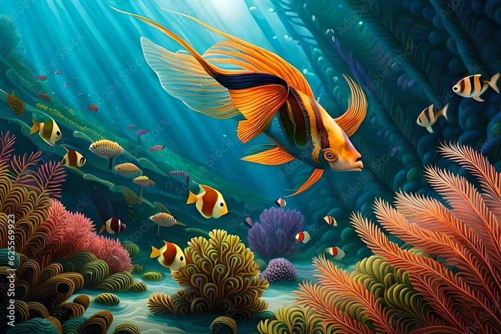 "Generate a high-definition AI image that showcases a school of fish ...