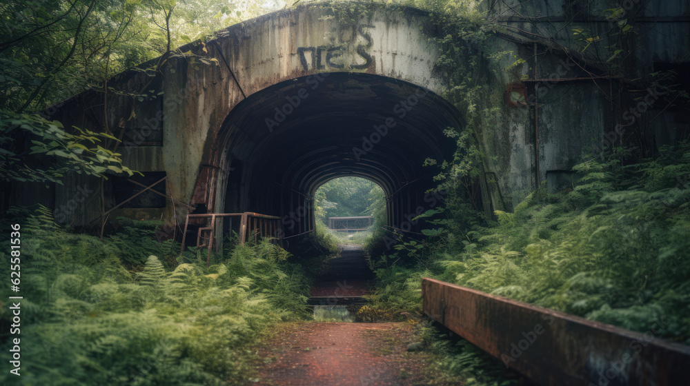 Entrance gate of concrete tunnel, part of abandoned underground ...