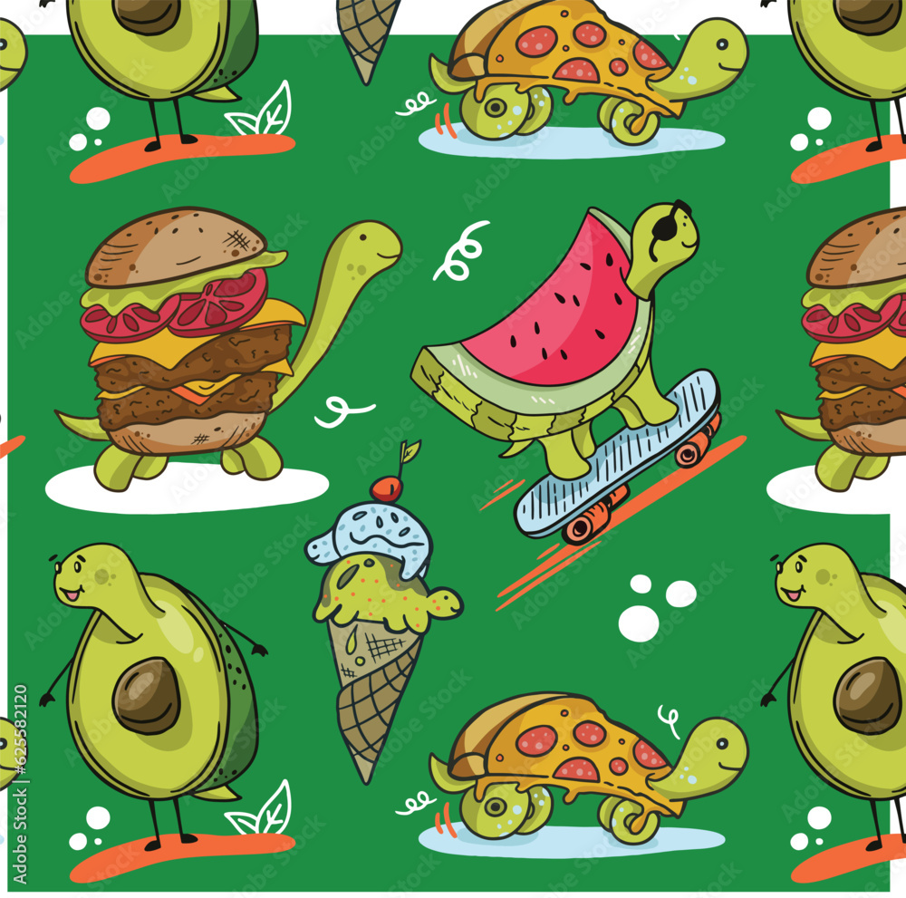 Food and cute hand drawn turtle cartoons. Seamless pattern, repeated ...