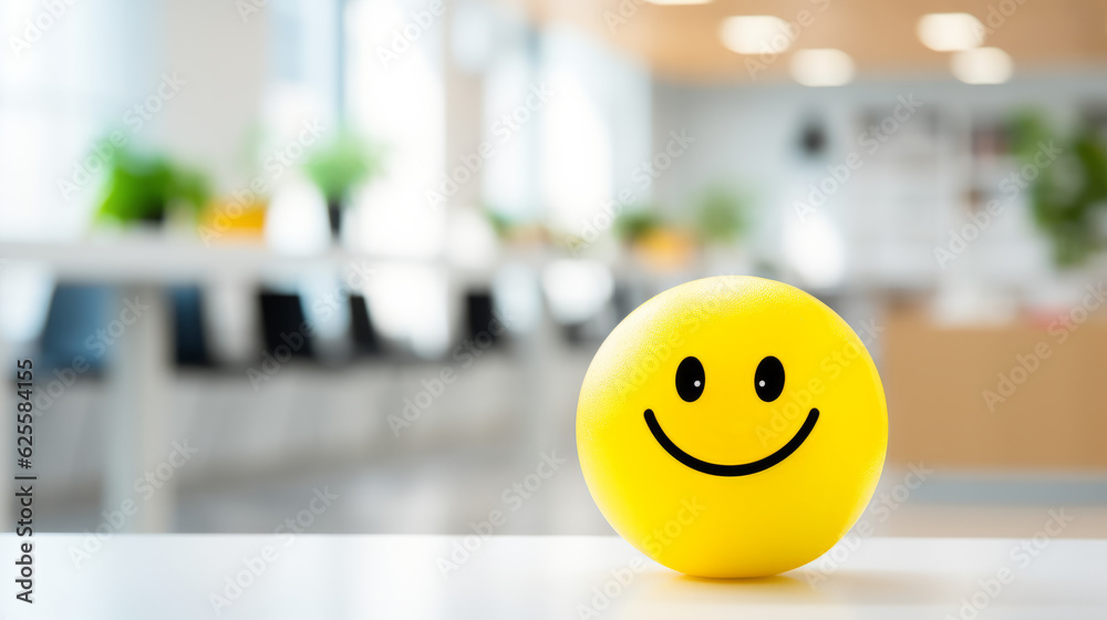 Positivity in the workplace with a yellow smiling smiley ball in the ...