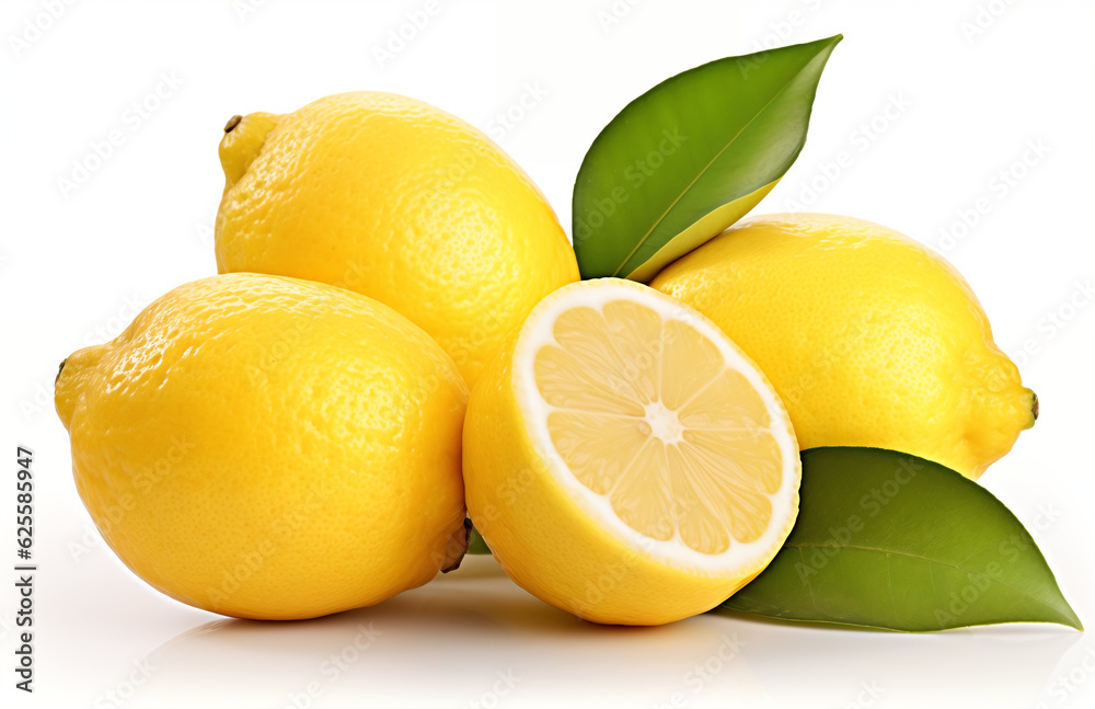 Fresh lemons with green leaves on white background. Healthy nutrition ...