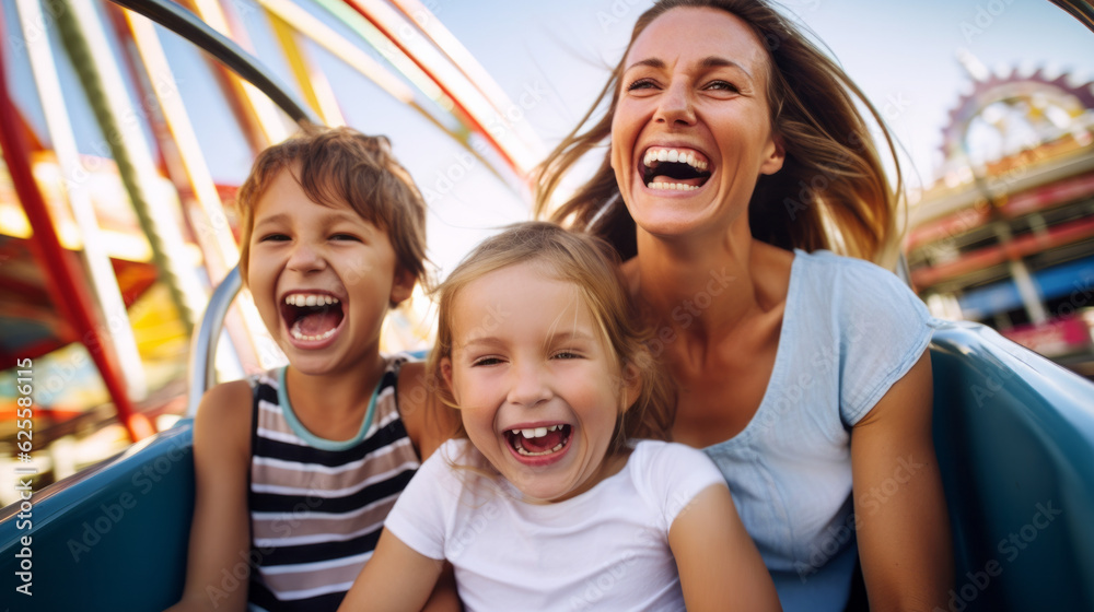 Mother and two children family riding a rollercoaster at an amusement ...