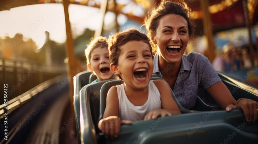 Mother and two children family riding a rollercoaster at an amusement ...
