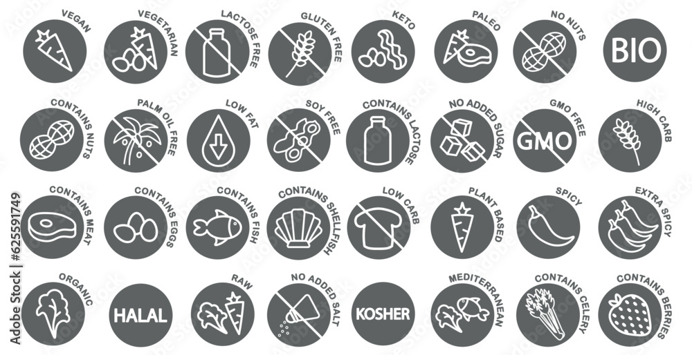 Dietary restrictions icon set with elements such as vegan, vegetarian ...