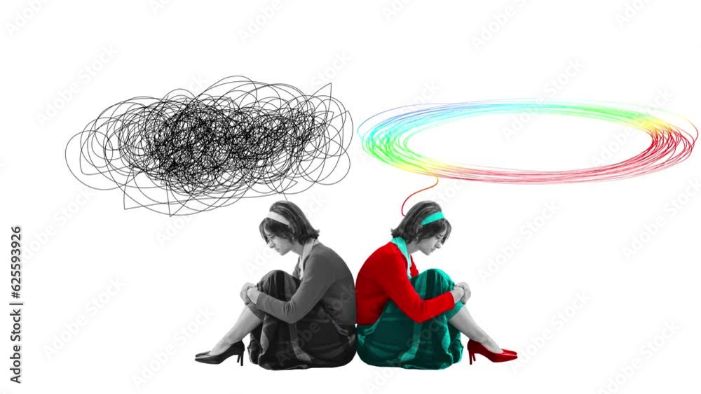 Before and after therapy. Young woman with obsessive, tangled thoughts ...