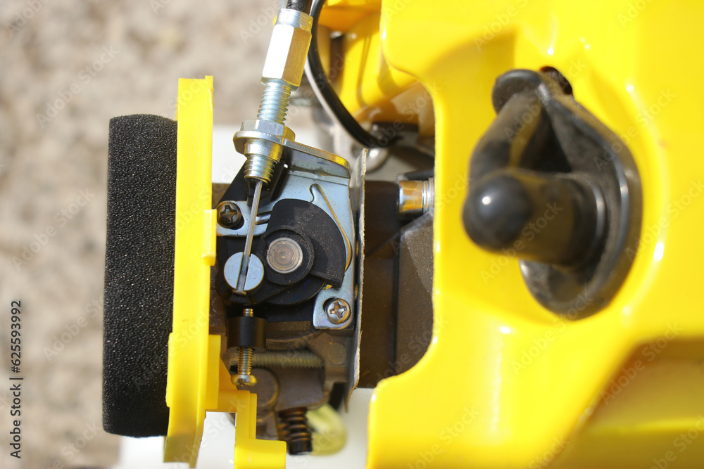 Mechanical components of a petrol brush cutter. Foam filter, starter or ...