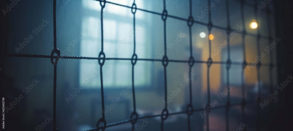 Close up wire cell on blurred prison interior melancholic background ...