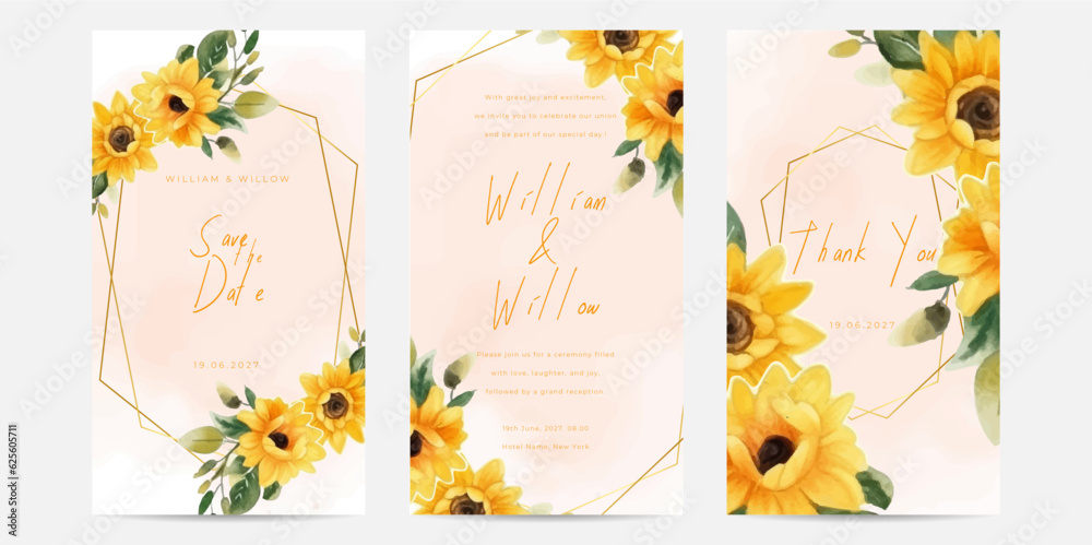 Beautiful yellow sunflowers wreath wedding invitation card template ...