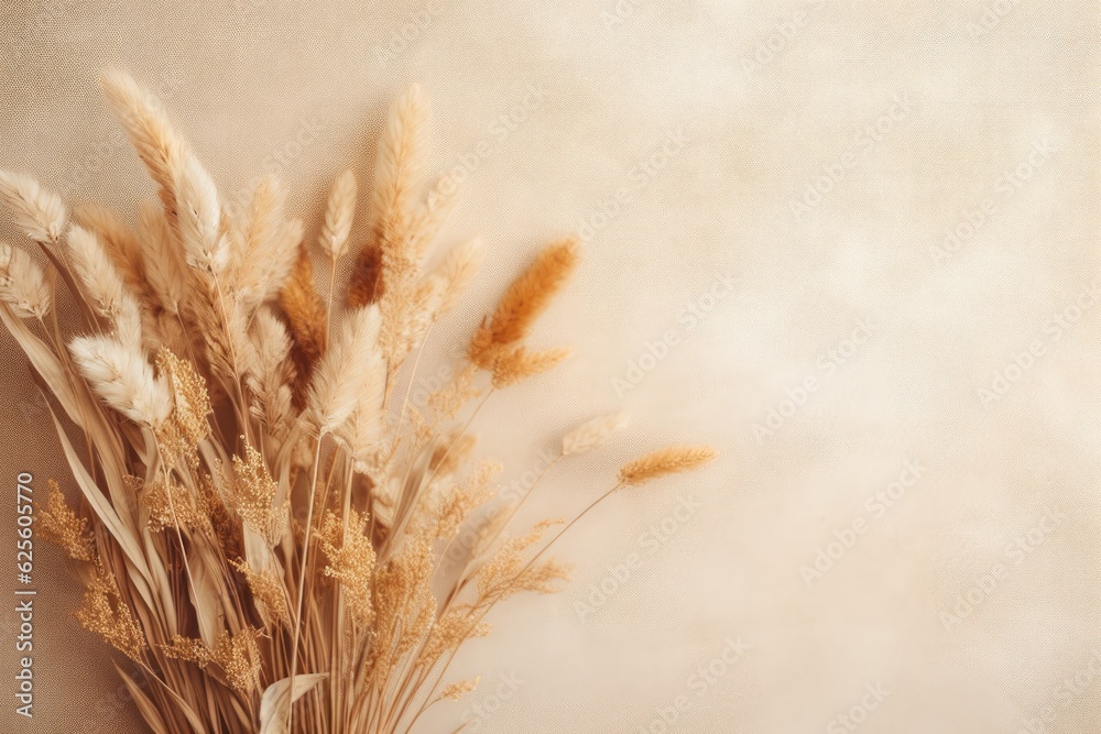Top view of a bouquet of dry beige grass plants on a beige backdrop ...