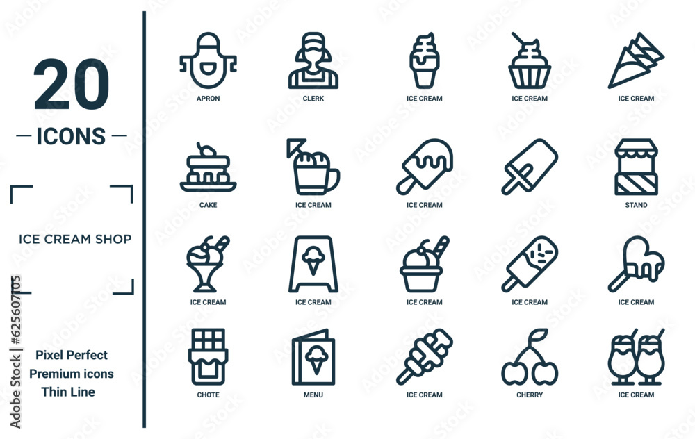 ice cream shop linear icon set. includes thin line apron, cake, ice ...