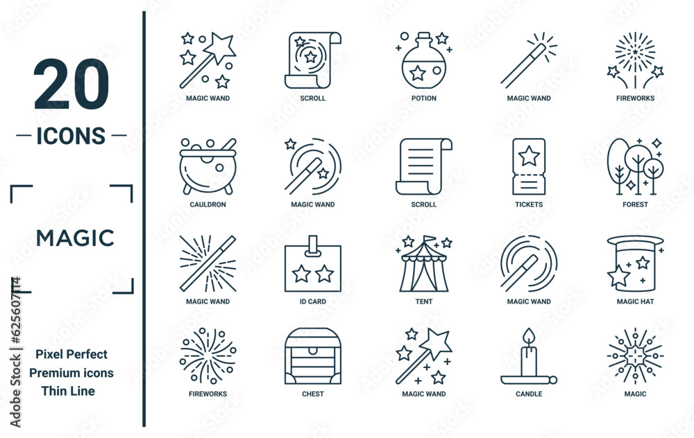 magic linear icon set. includes thin line magic wand, cauldron, magic wand, fireworks, scroll ...