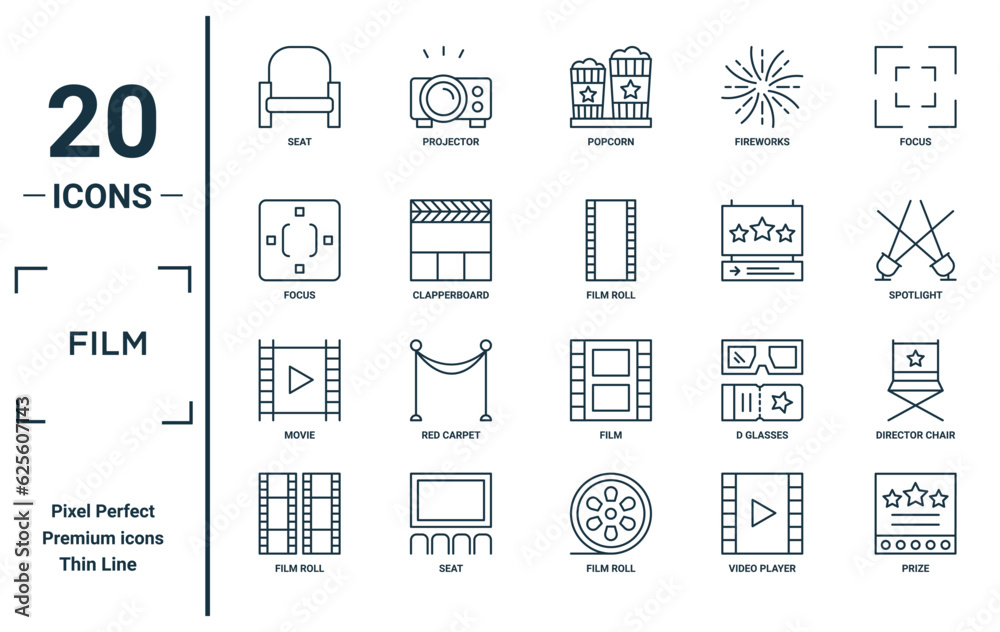 film linear icon set. includes thin line seat, focus, movie, film roll ...