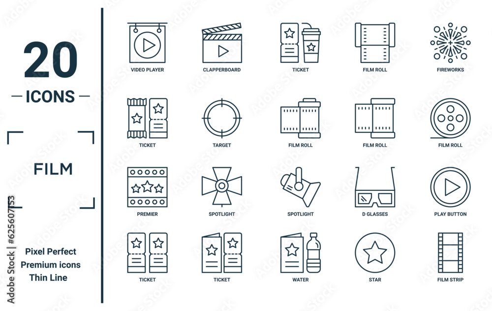 film linear icon set. includes thin line video player, ticket, premier ...
