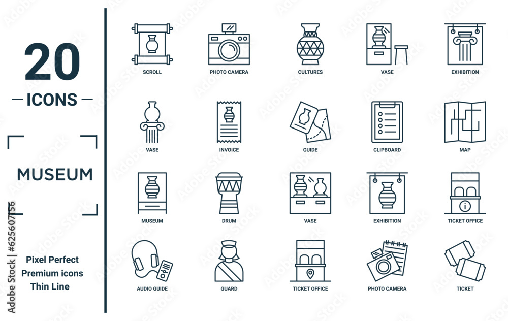 museum linear icon set. includes thin line scroll, vase, museum, audio ...