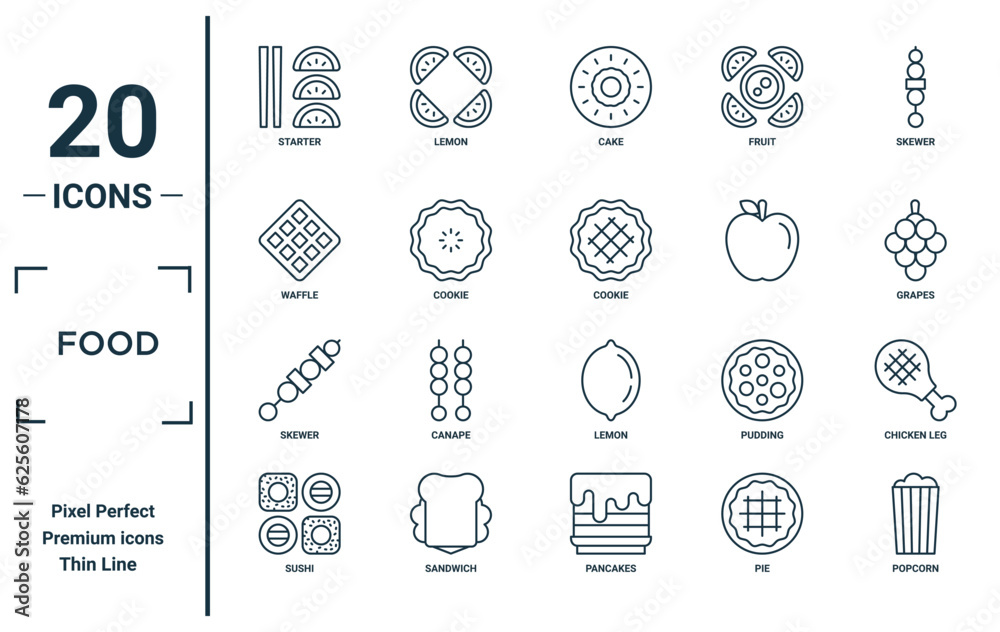 food linear icon set. includes thin line starter, waffle, skewer, sushi ...