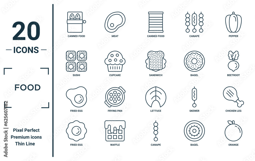 food linear icon set. includes thin line canned food, sushi, fried egg ...