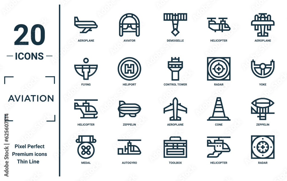aviation linear icon set. includes thin line aeroplane, flying ...