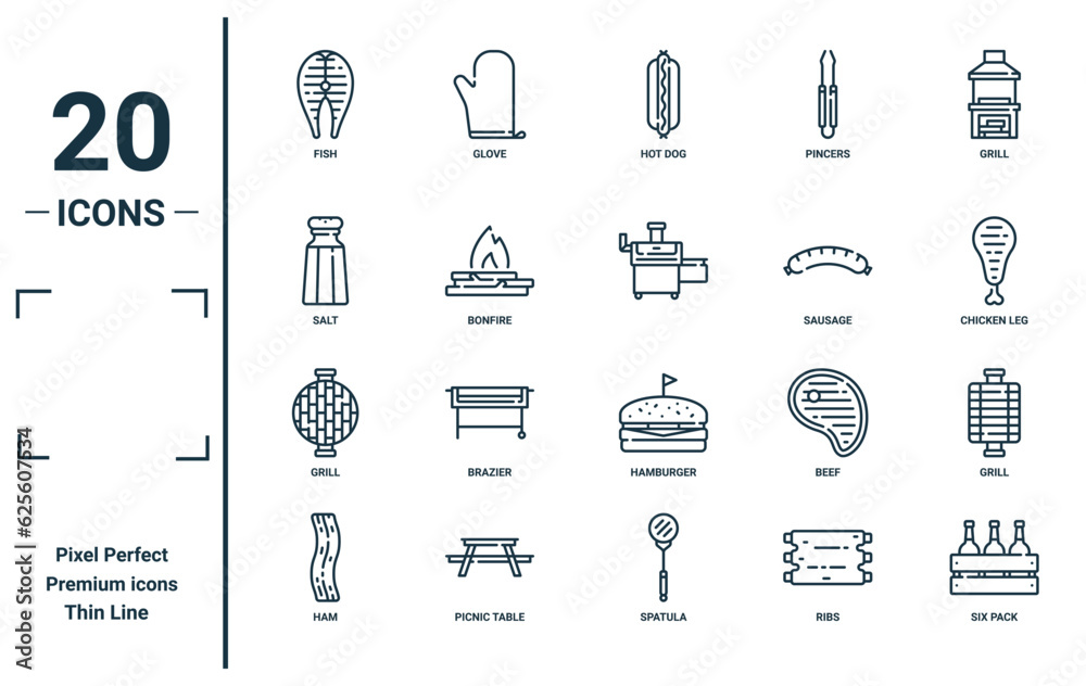 linear icon set. includes thin line fish, salt, grill, ham, six pack, , grill icons for report ...