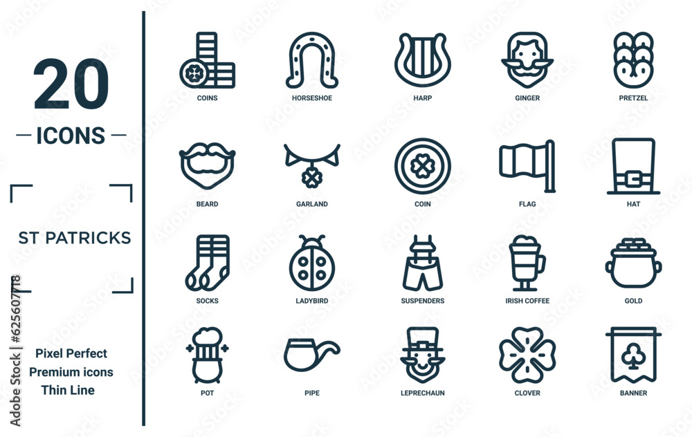 st patricks linear icon set. includes thin line coins, beard, socks ...