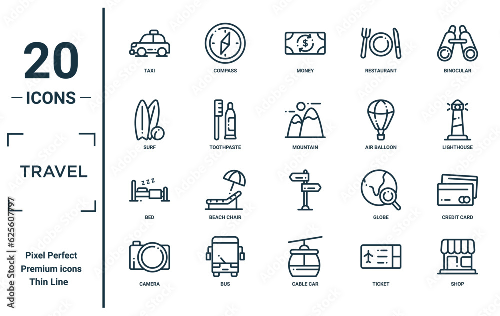 travel linear icon set. includes thin line taxi, surf, bed, camera ...