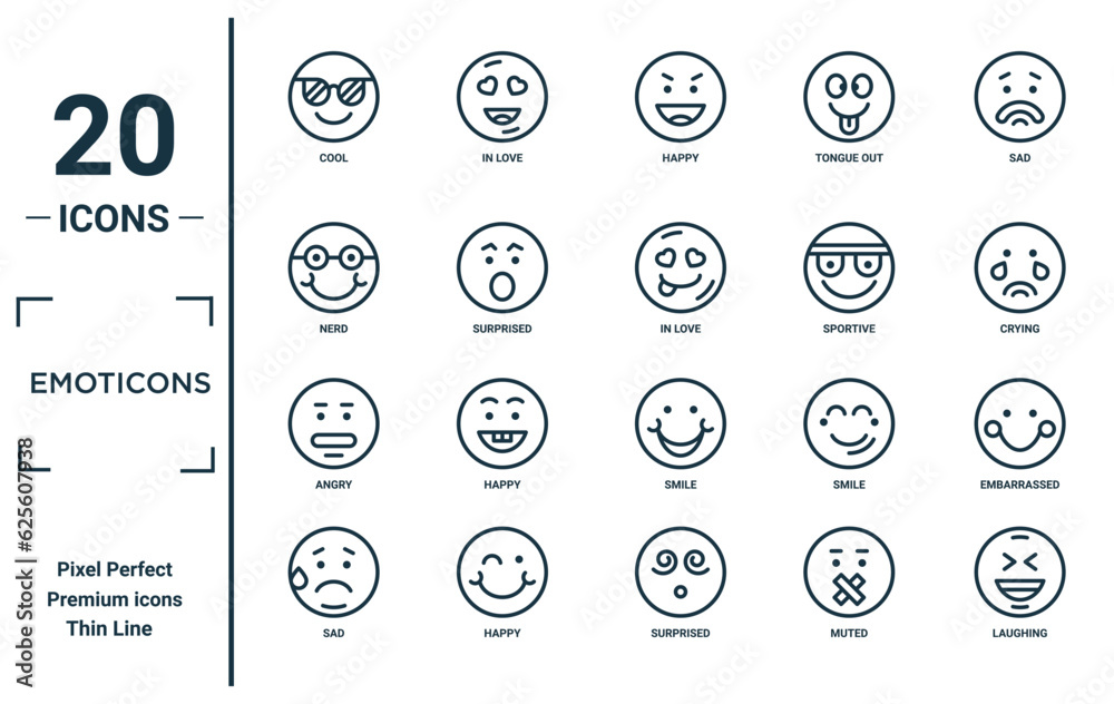 emoticons linear icon set. includes thin line cool, nerd, angry, sad ...
