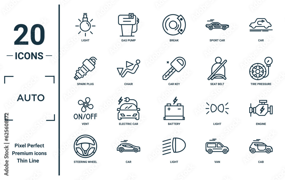auto linear icon set. includes thin line light, spark plug, vent ...