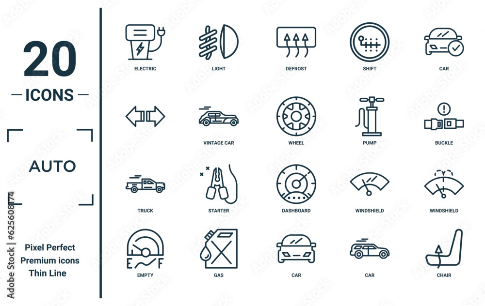 auto linear icon set. includes thin line electric, , truck, empty ...