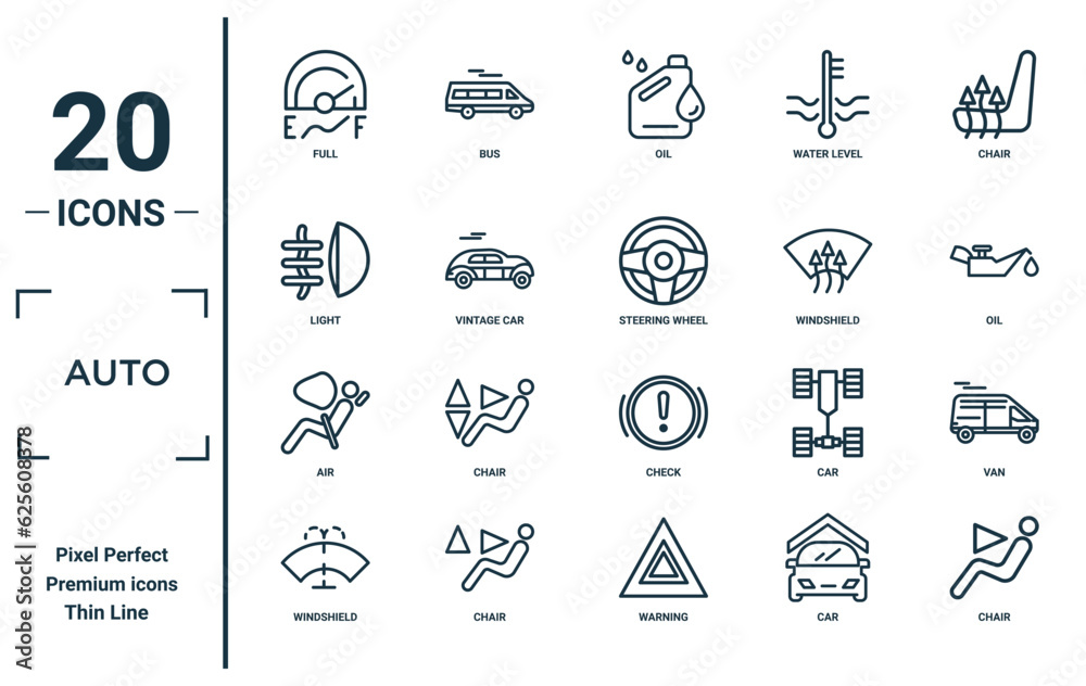 auto linear icon set. includes thin line full, light, air, windshield ...